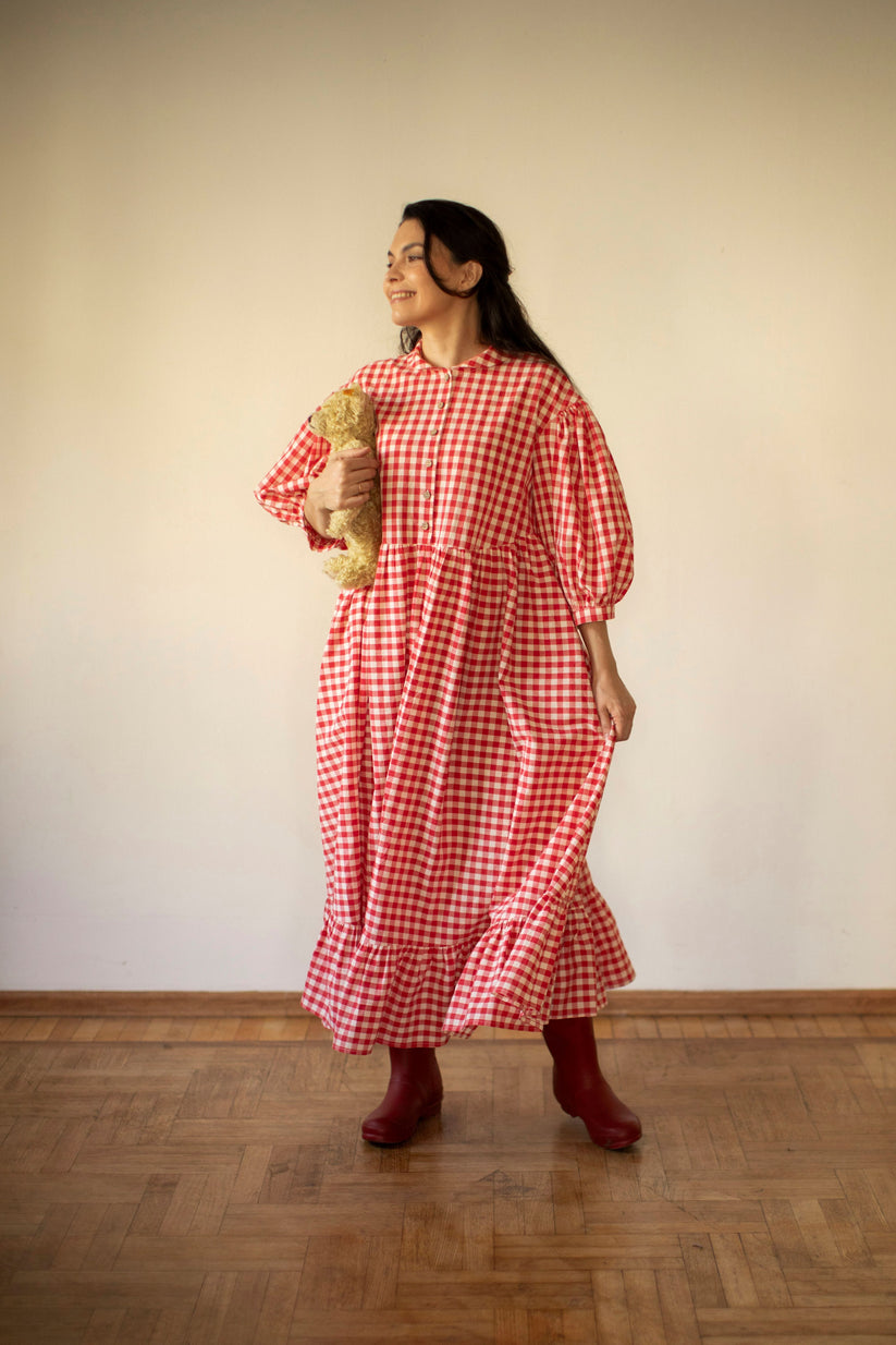 Meg Oversized linen Dress with 3/4 sleeves in Red Plaid ...